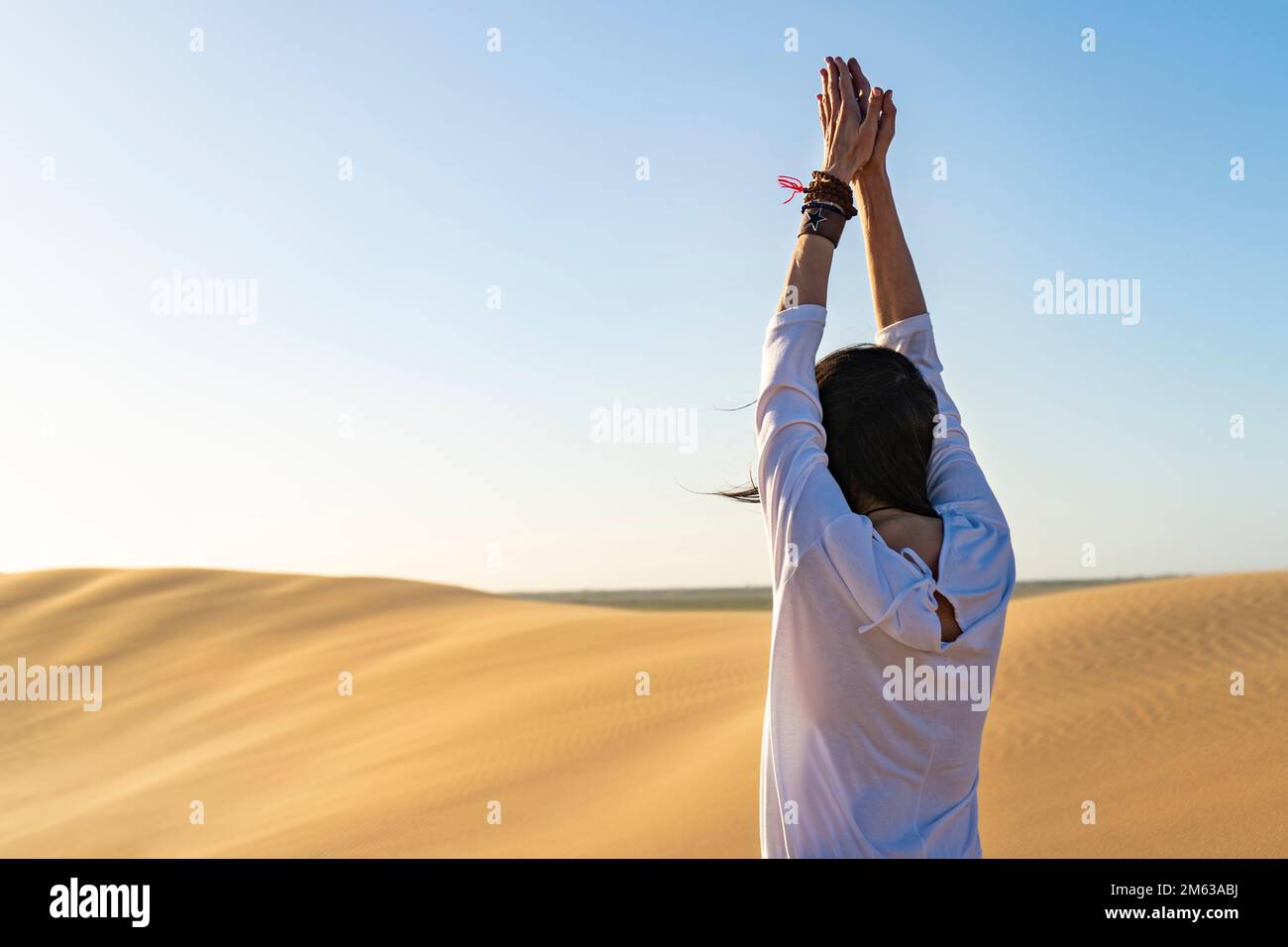 Back view of calm unrecognizable female standing on sand in desert of Argentina and ...