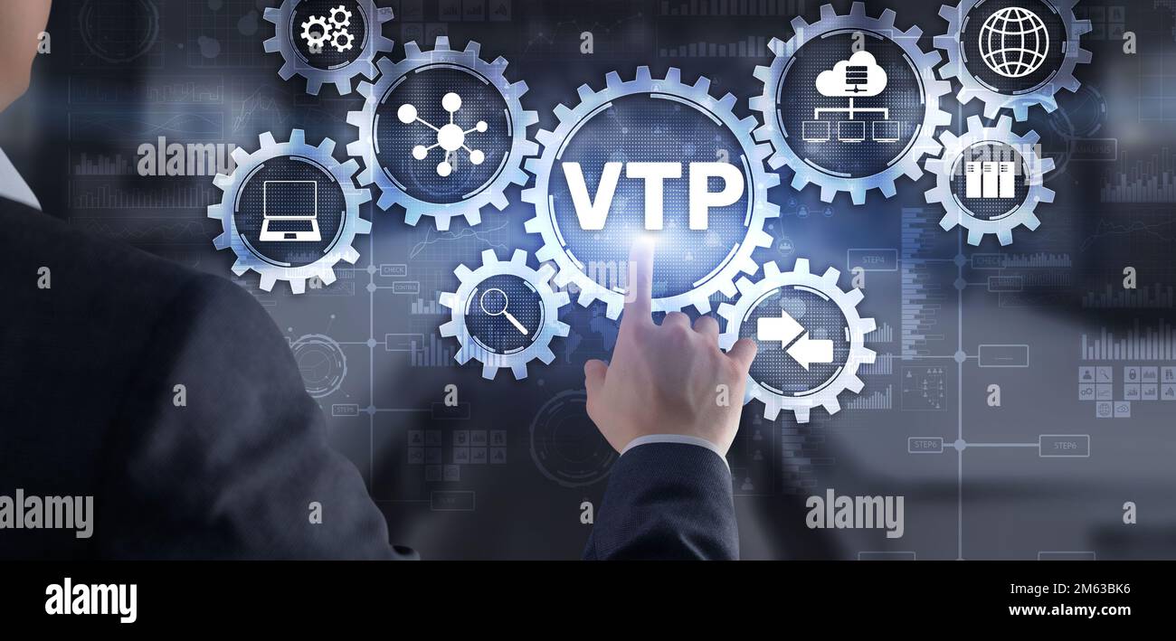 VLAN Trunking Protocol. Technology networks cocept. Blue Background ...
