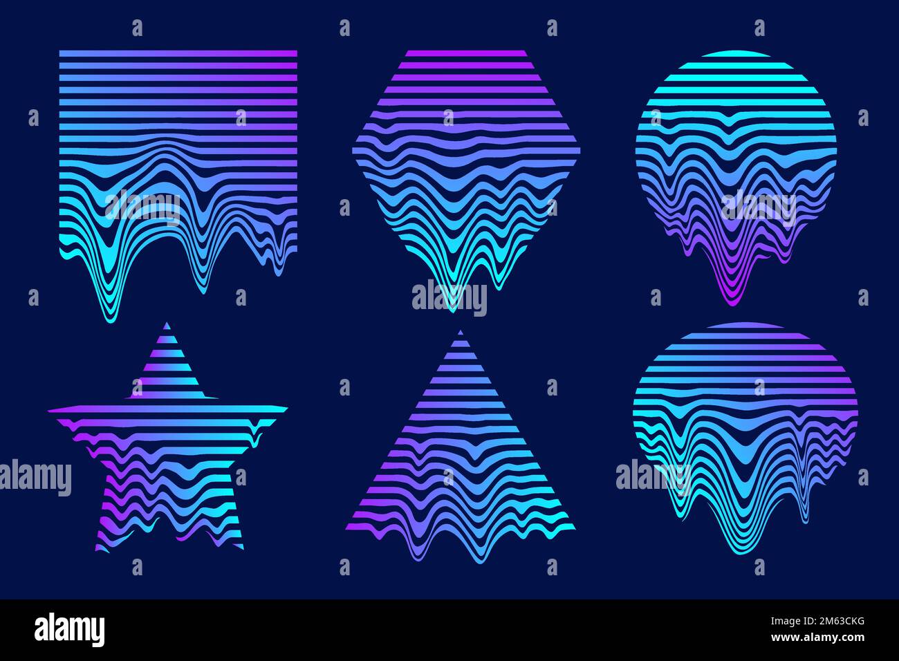 Cyberpunk neon geometric elements. Set of vintage striped melted shapes ...