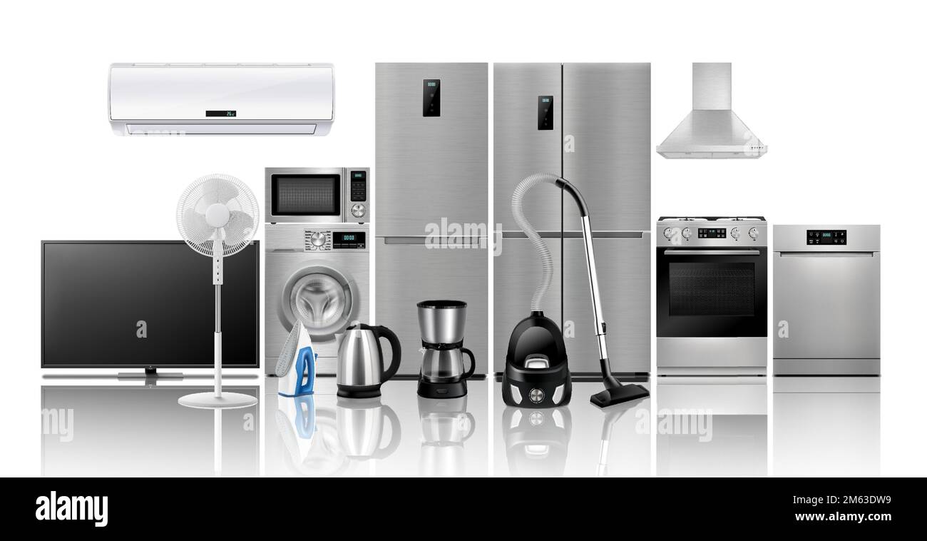 A set of household appliances: microwave oven, washing machine ...