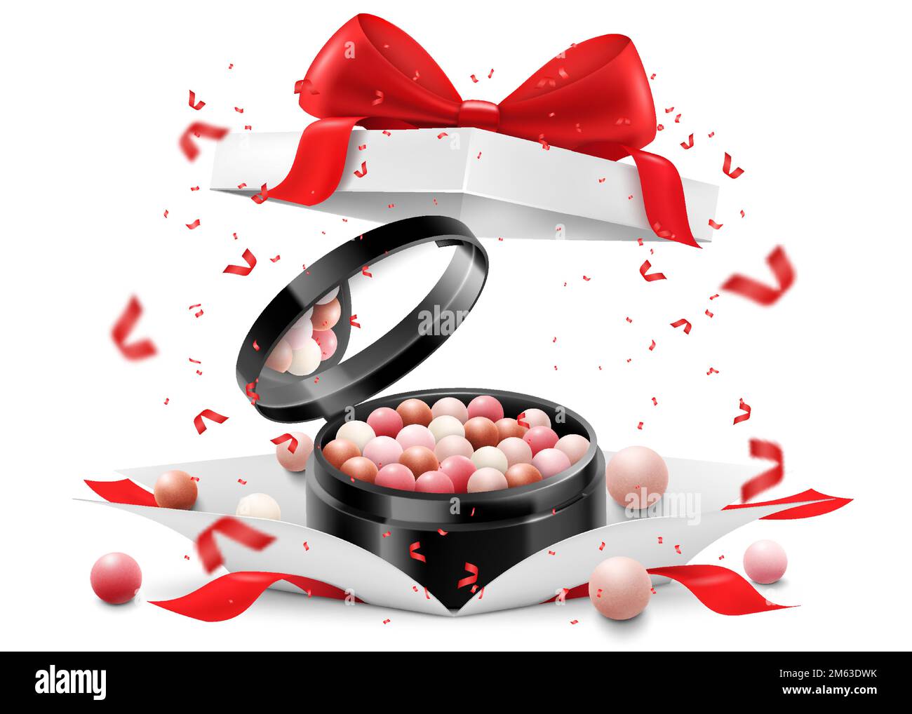 Colorful blush balls in round black case inside open gift box, isolated ...