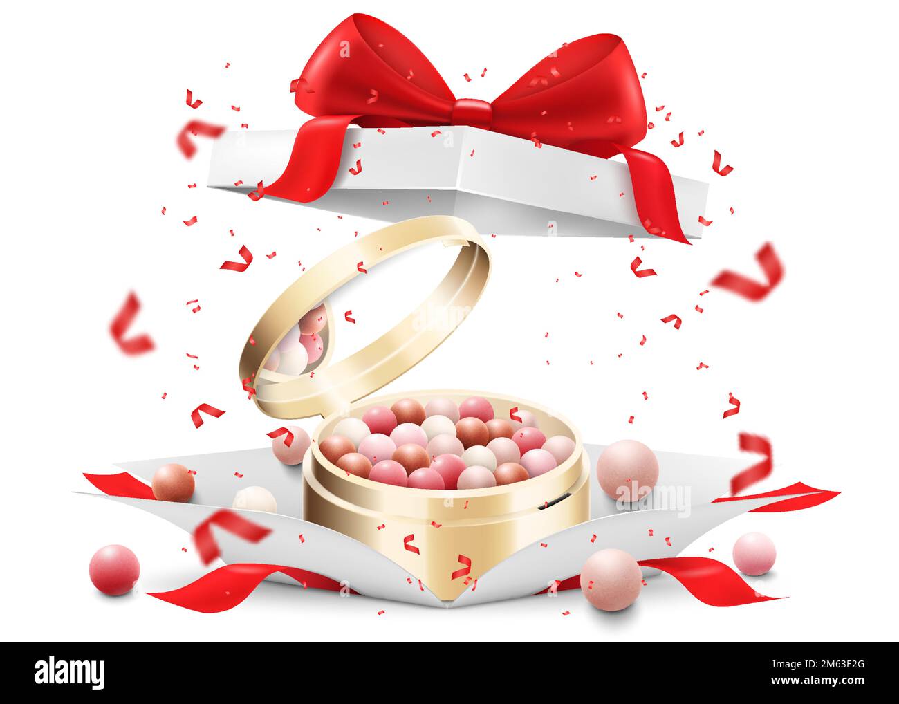 Blush balls, powder balls in round case inside open gift box, isolated ...