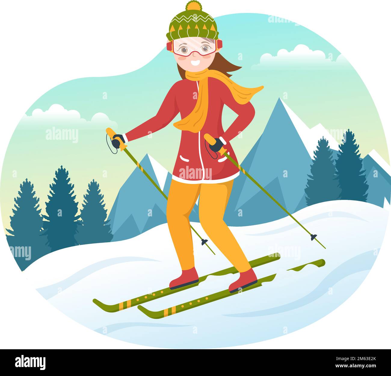 Ski Illustration with Skiers Sliding Near Mountain Going Downhill in ...