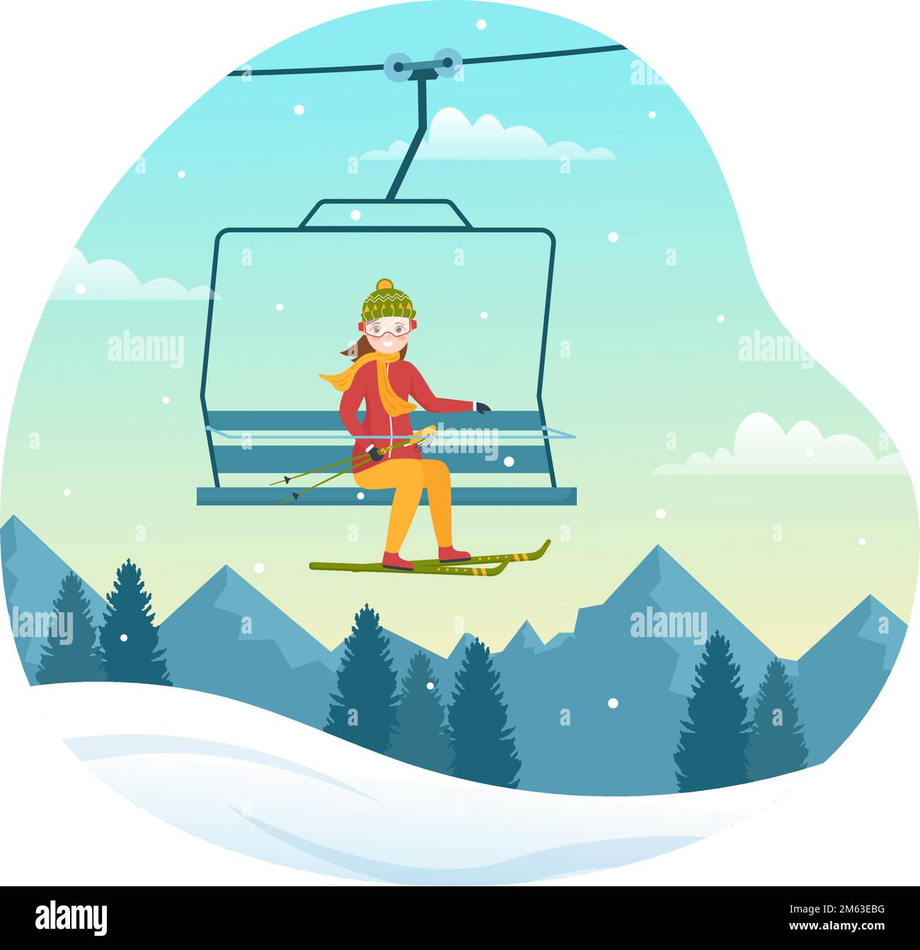 Ski Illustration with Skiers Sliding Near Mountain Going Downhill in ...