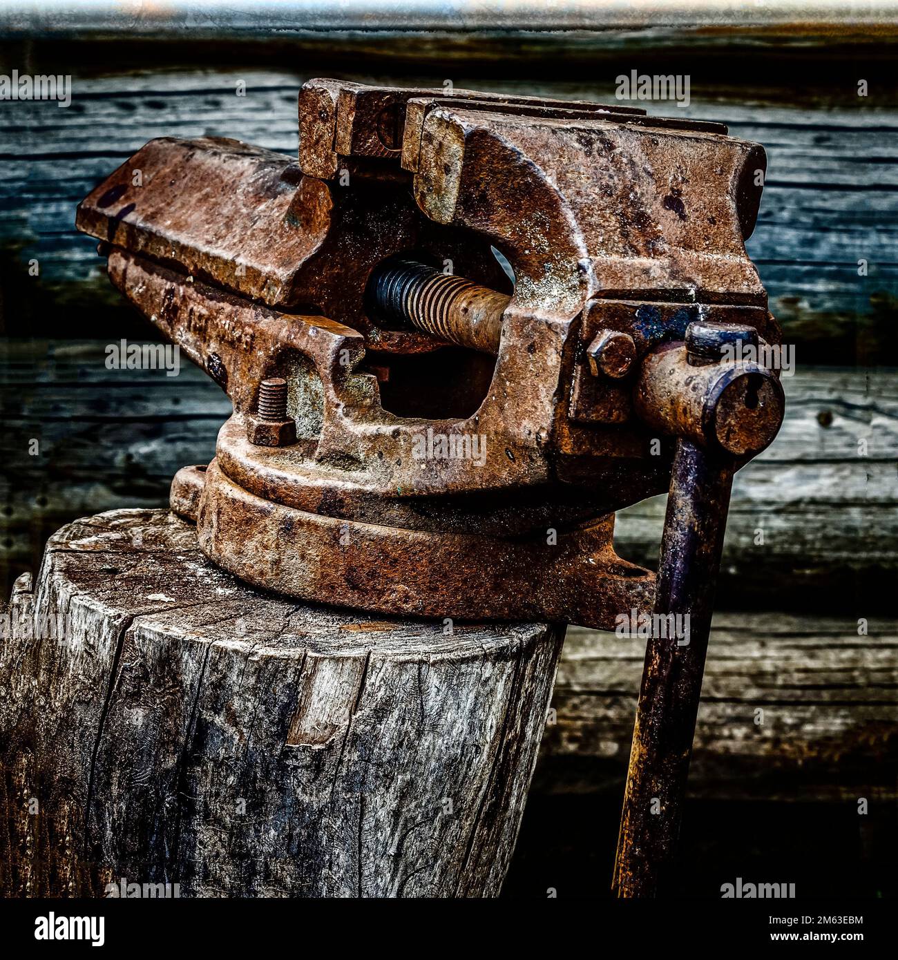 Old rusty vise standing on a tree stump in the backyard Stock Photo - Alamy