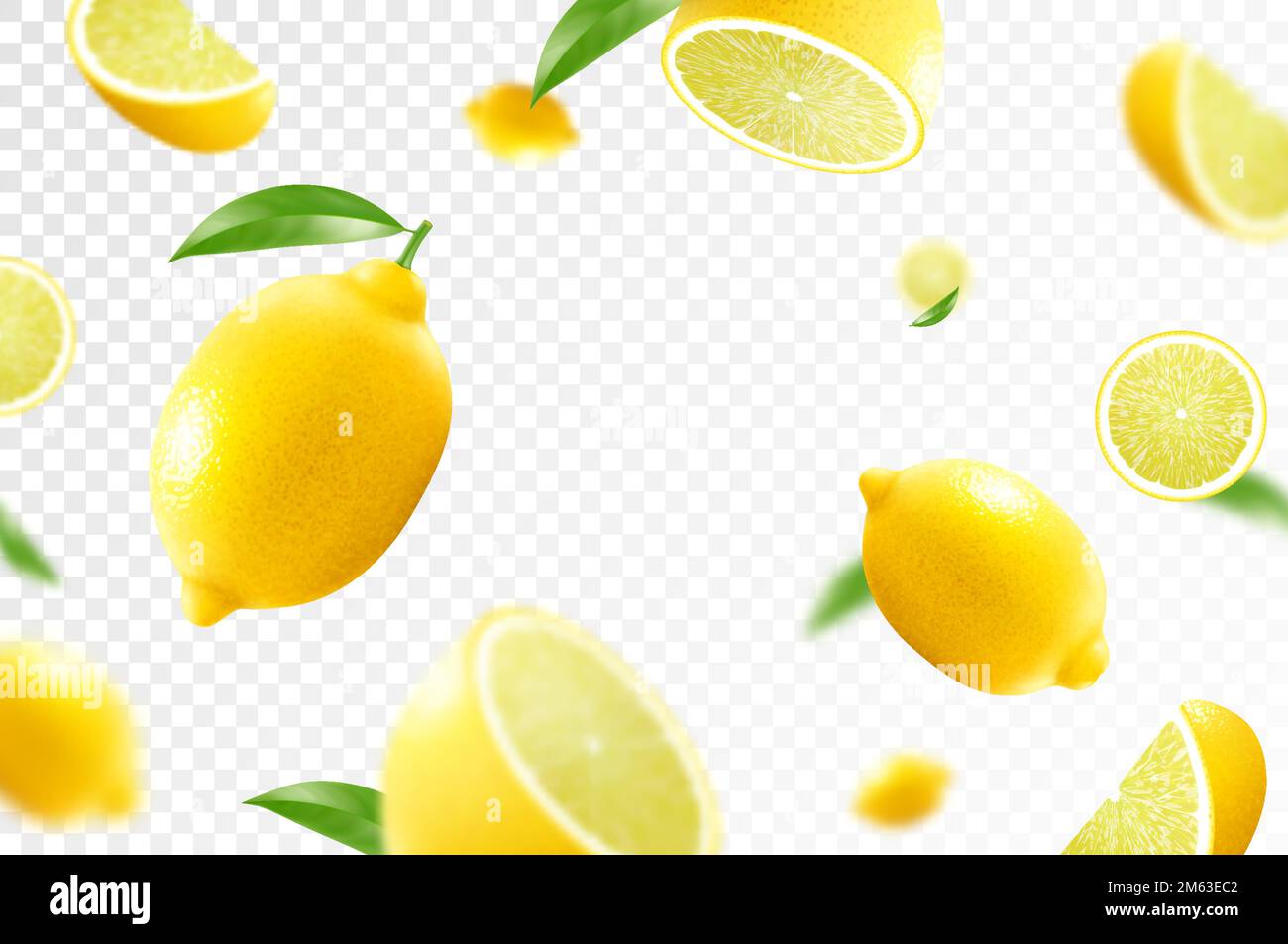 Lemon citrus background. Flying Lemon with green leaf on transparent ...
