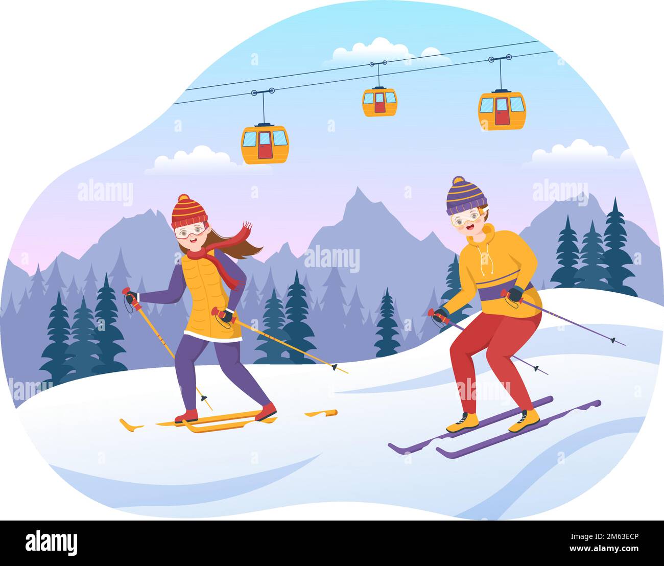 Ski Illustration with Skiers Sliding Near Mountain Going Downhill in ...