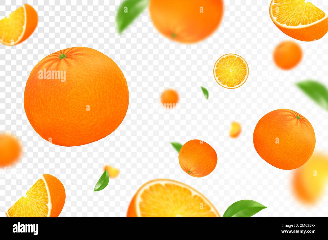 Orange citrus background. Flying orange with green leaf on transparent ...