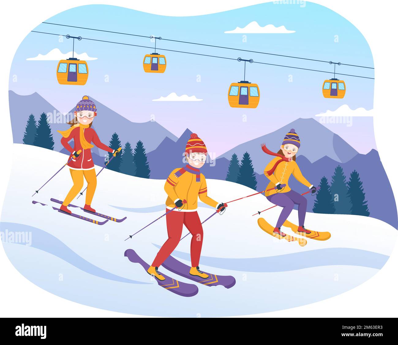 Ski Illustration with Skiers Sliding Near Mountain Going Downhill in ...
