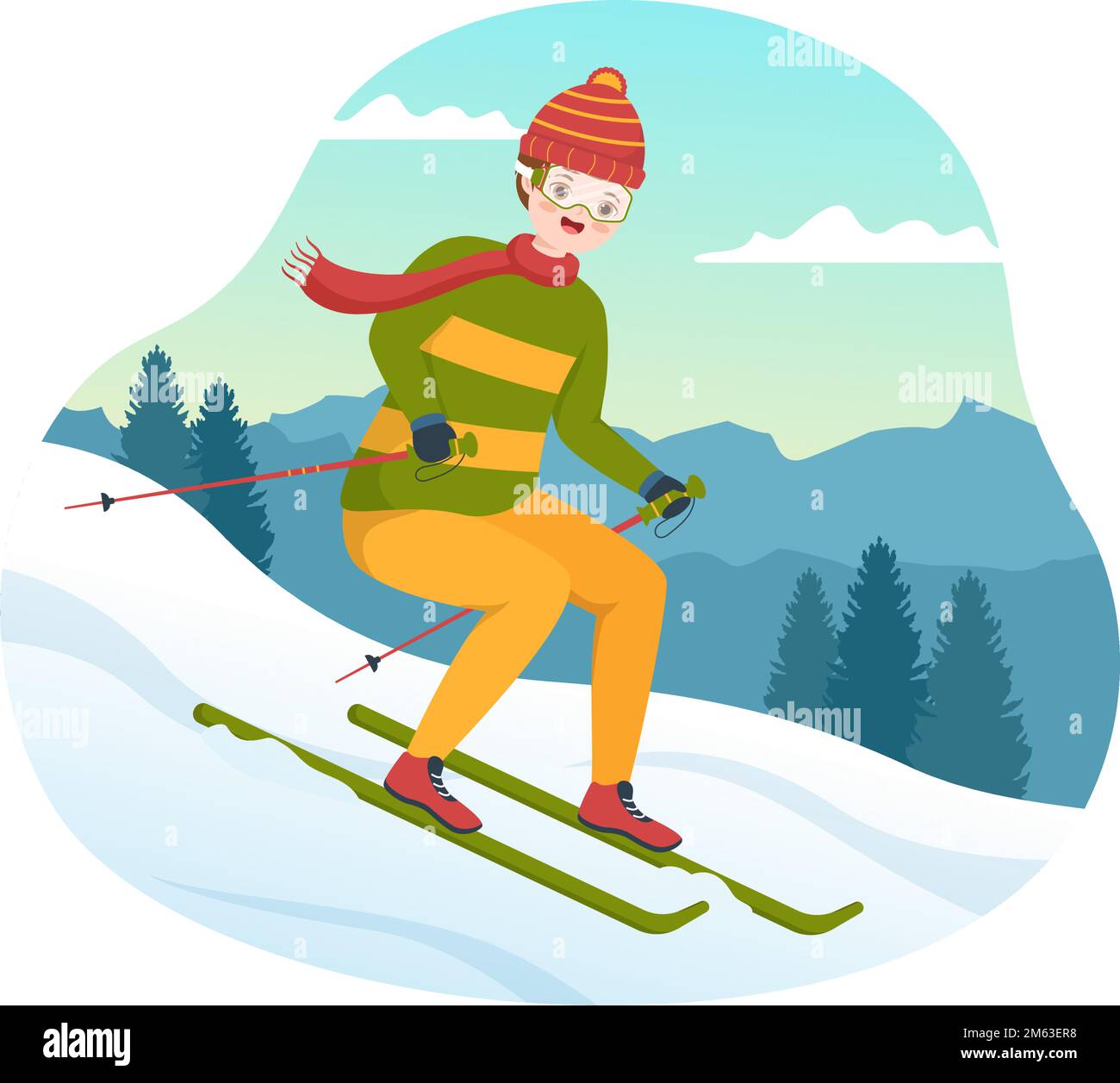 Ski Illustration with Skiers Sliding Near Mountain Going Downhill in ...