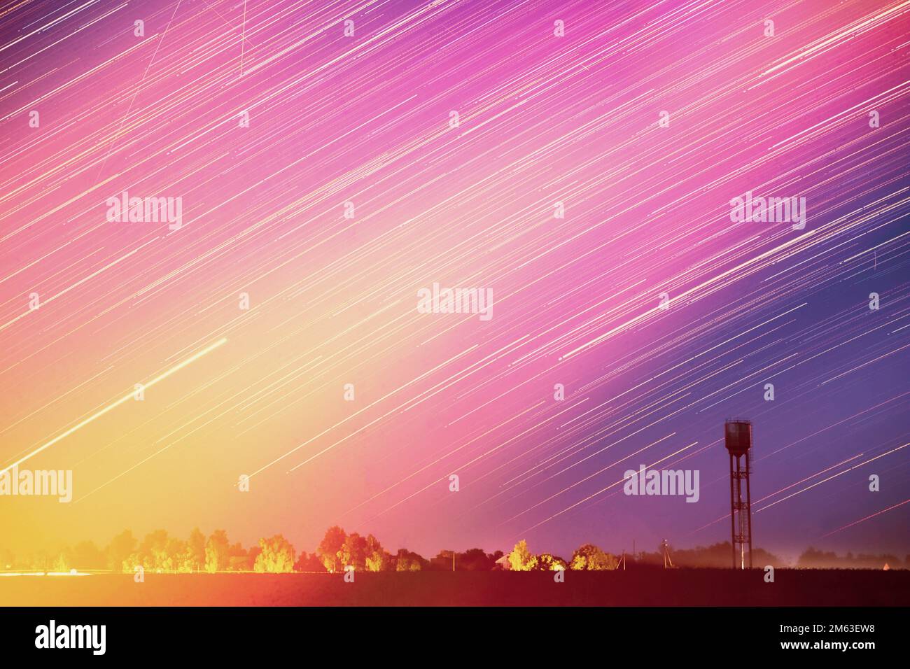Amazing Unusual Stars Effects In Sky. Stars Lines Move Above Rural ...