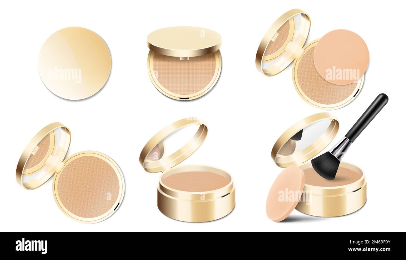 Set of face cosmetic makeup powder in gold round plastic case with ...