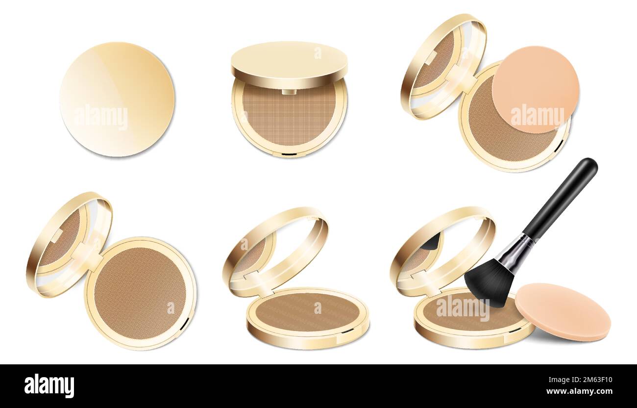 Set of face cosmetic makeup powder in gold round plastic case with ...
