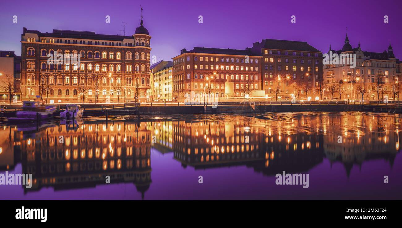 Helsinki, Finland. Very Peri Starry Sky. View Of Pohjoisranta Street In ...