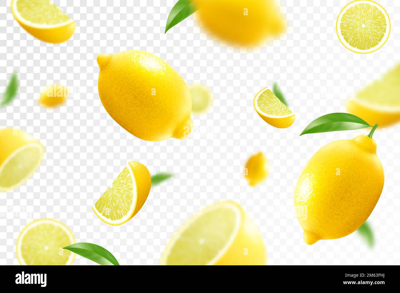 Lemon citrus background. Flying Lemon with green leaf on transparent ...