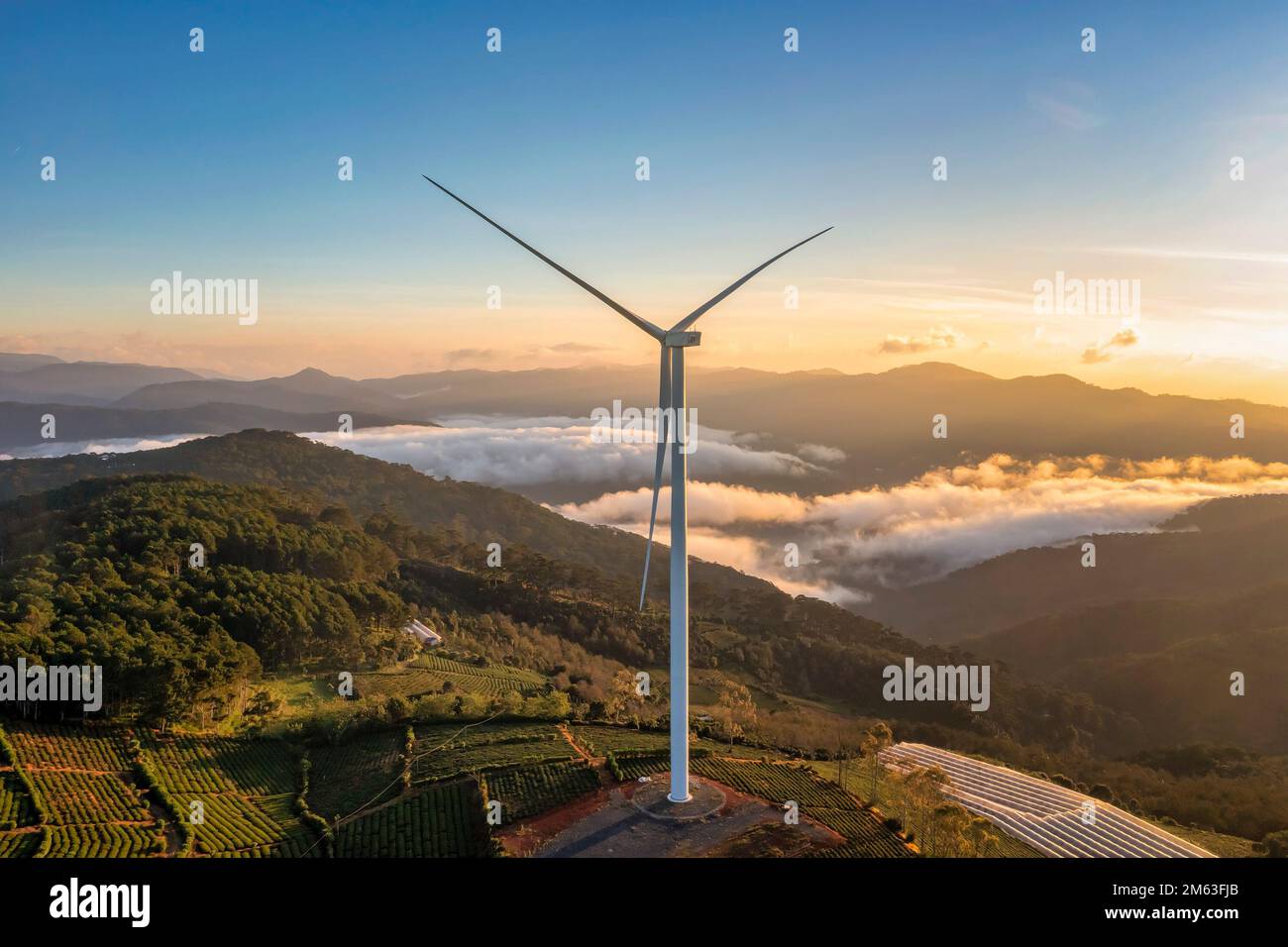 PANORAMIC VIEW OF WIND FARM OR WIND PARK, WITH HIGH WIND TURBINES FOR ...