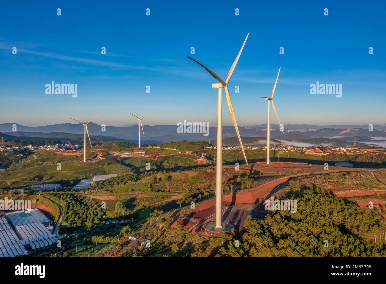 PANORAMIC VIEW OF WIND FARM OR WIND PARK, WITH HIGH WIND TURBINES FOR ...