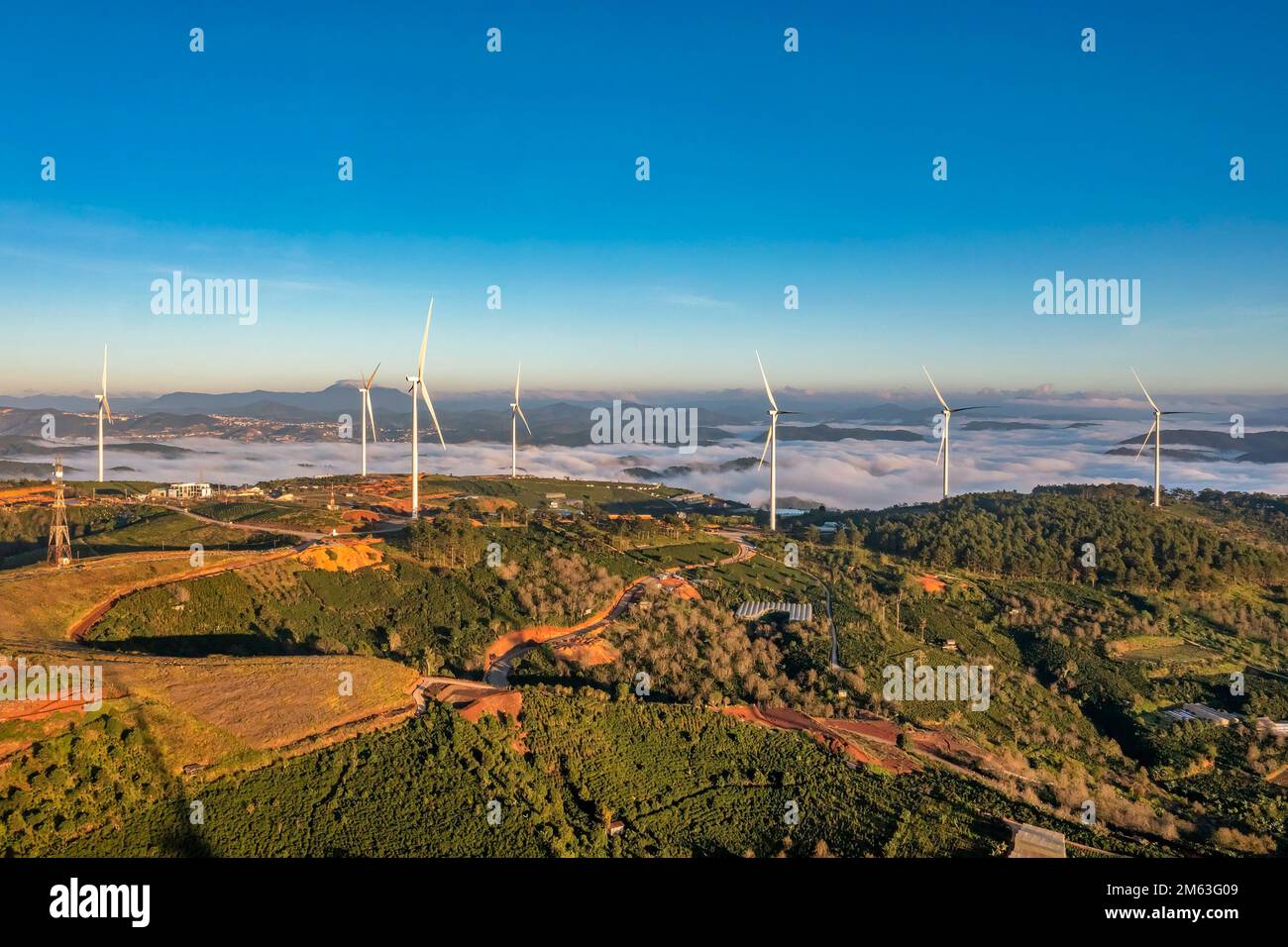 PANORAMIC VIEW OF WIND FARM OR WIND PARK, WITH HIGH WIND TURBINES FOR ...
