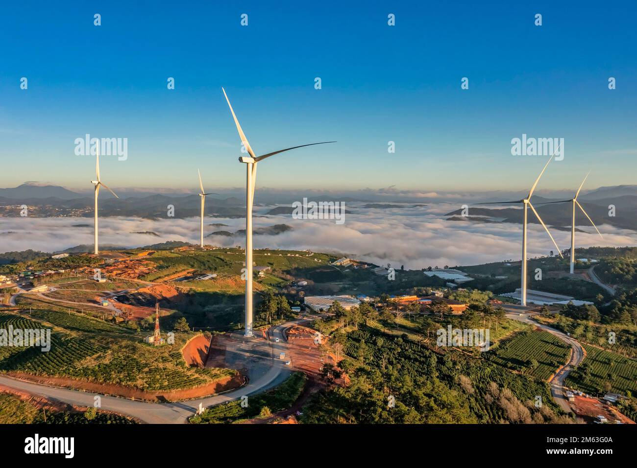 PANORAMIC VIEW OF WIND FARM OR WIND PARK, WITH HIGH WIND TURBINES FOR ...