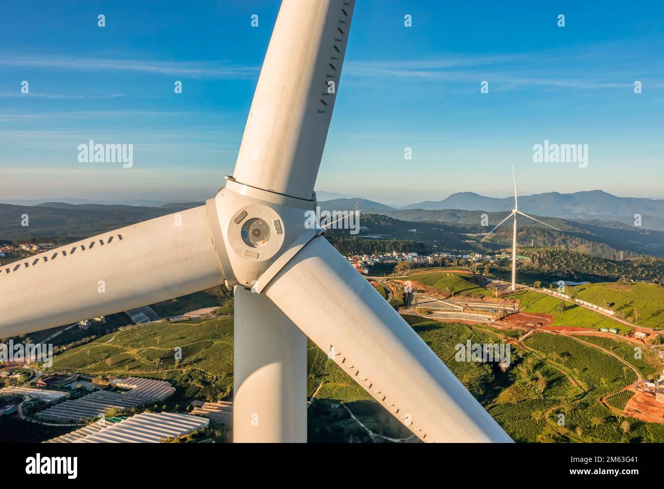 PANORAMIC VIEW OF WIND FARM OR WIND PARK, WITH HIGH WIND TURBINES FOR ...