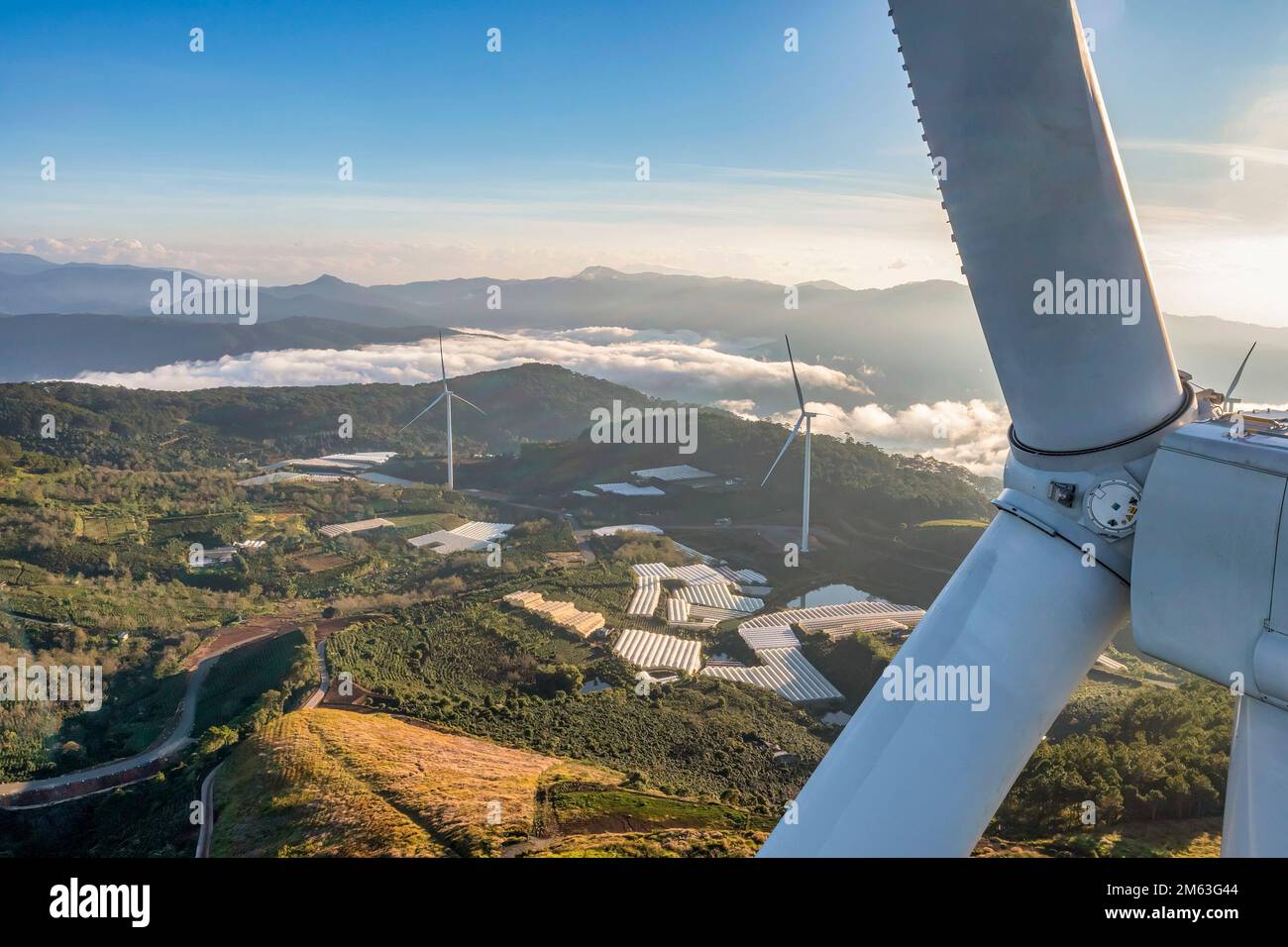 PANORAMIC VIEW OF WIND FARM OR WIND PARK, WITH HIGH WIND TURBINES FOR ...