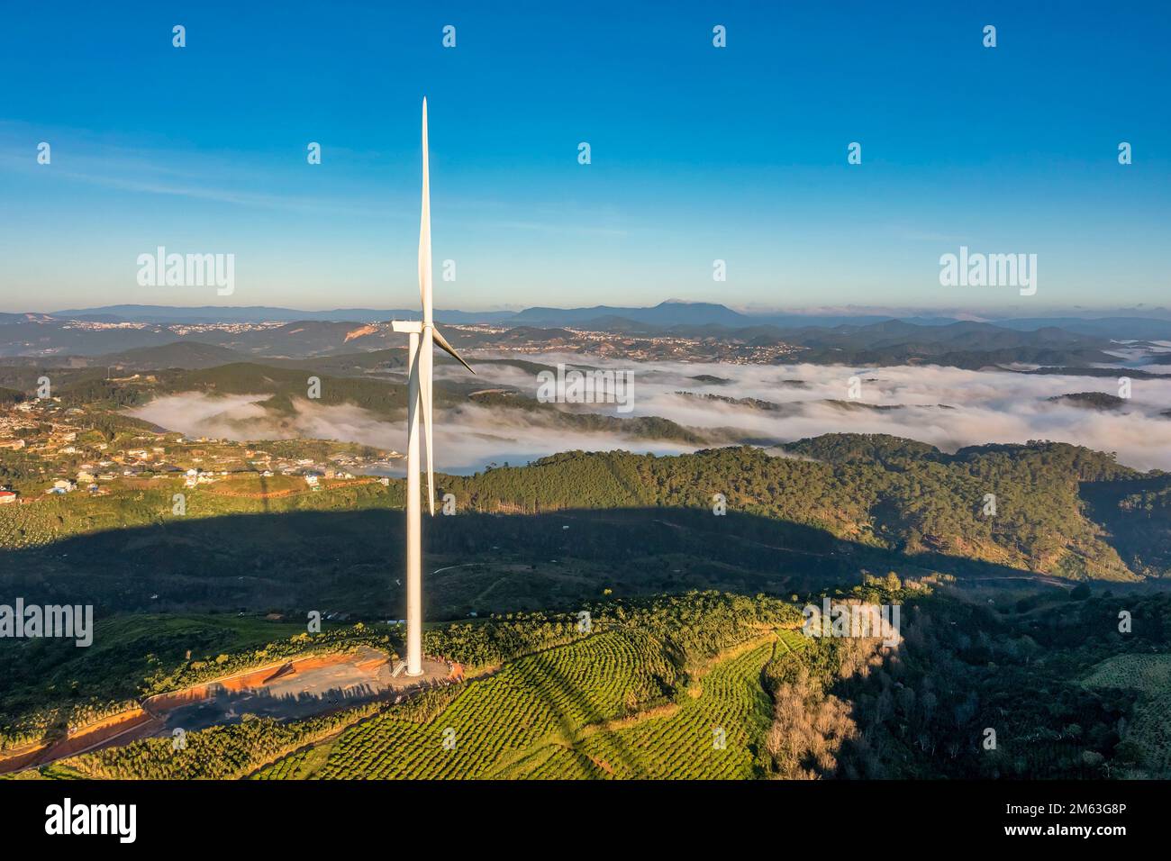 PANORAMIC VIEW OF WIND FARM OR WIND PARK, WITH HIGH WIND TURBINES FOR ...