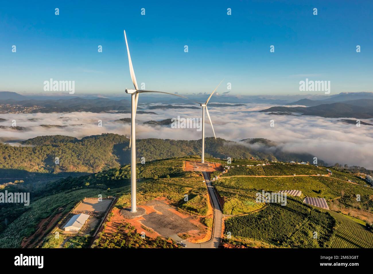 PANORAMIC VIEW OF WIND FARM OR WIND PARK, WITH HIGH WIND TURBINES FOR ...