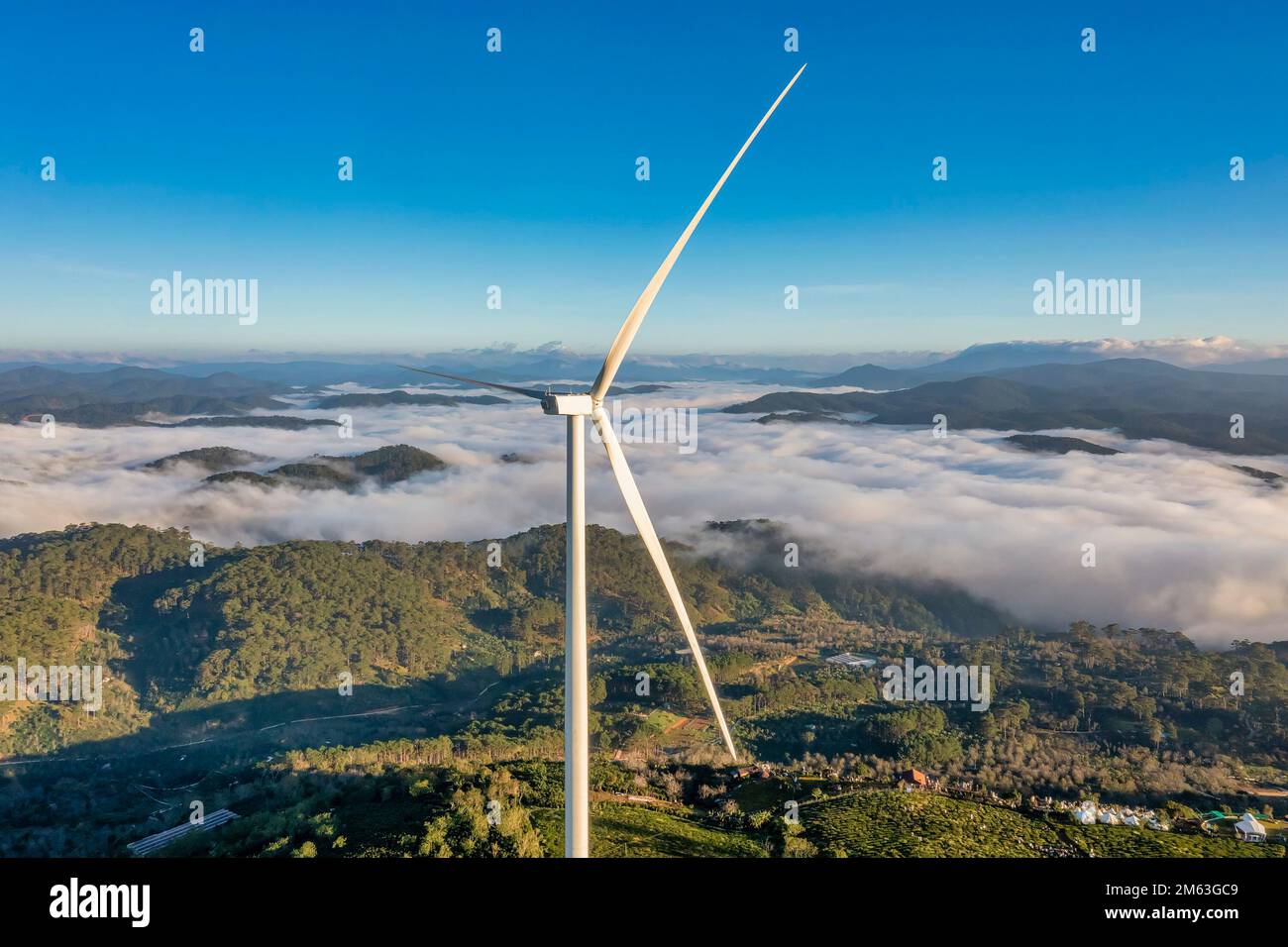 PANORAMIC VIEW OF WIND FARM OR WIND PARK, WITH HIGH WIND TURBINES FOR ...