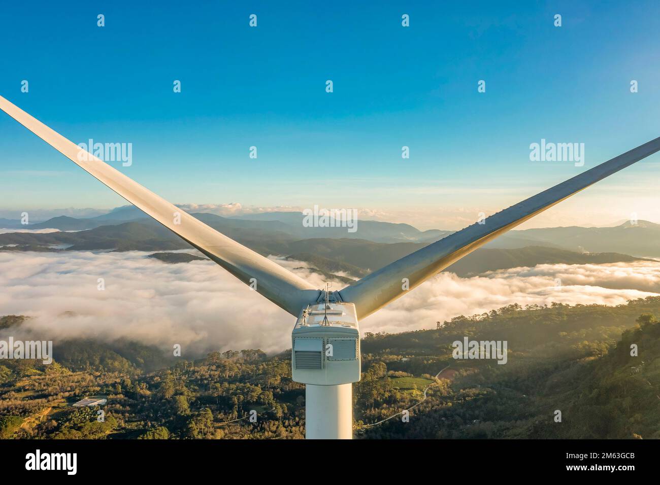PANORAMIC VIEW OF WIND FARM OR WIND PARK, WITH HIGH WIND TURBINES FOR ...