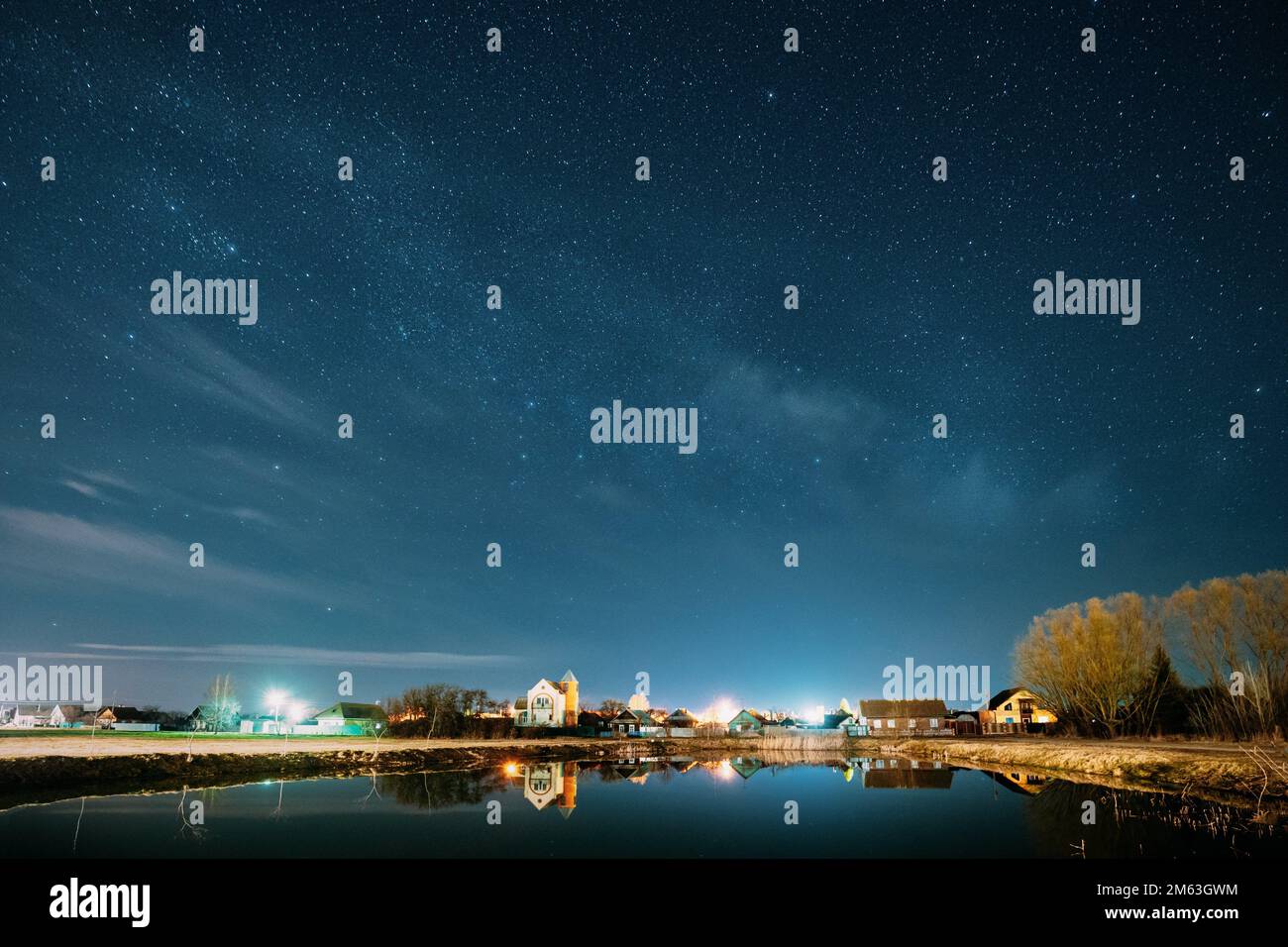 Belarus, Eastern Europe. Night Sky Stars Above Countryside Landscape ...