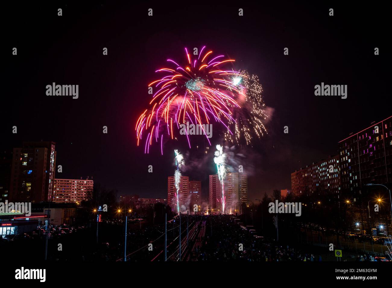 Ostrava, Czech Republic. 01st Jan, 2023. New Year fireworks light the ...