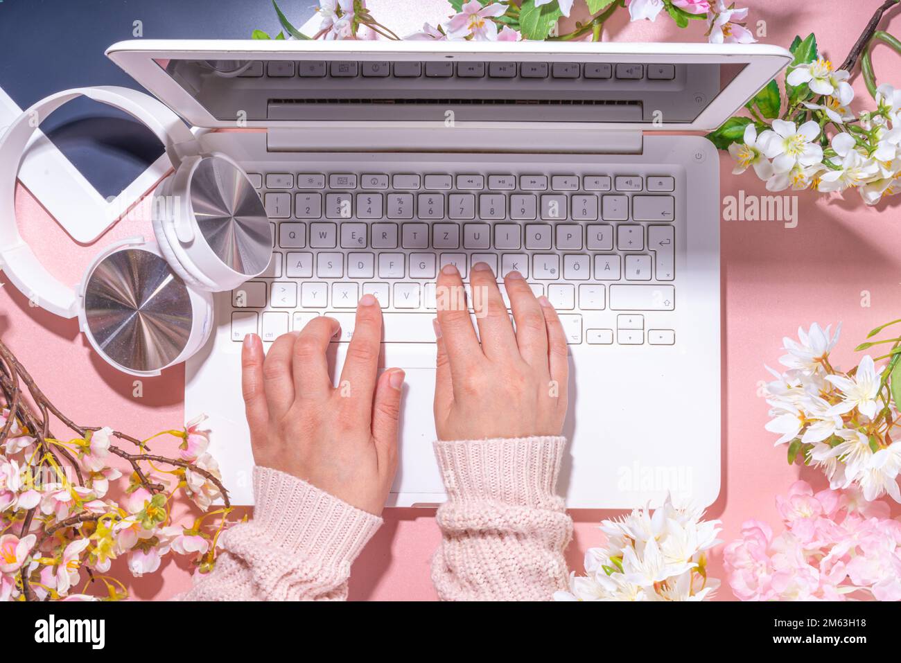 Spring office workplace, blogging flat lay background. White laptop ...
