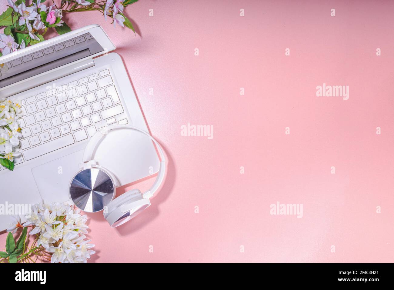 Spring office workplace, blogging flat lay background. White laptop ...