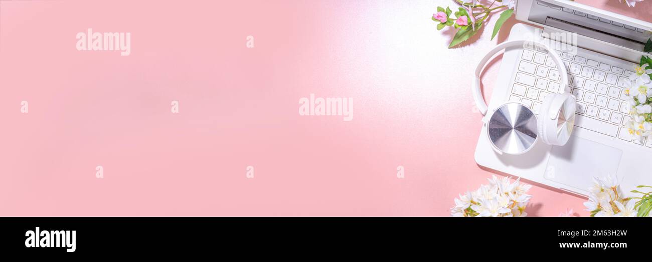 Spring office workplace, blogging flat lay background. White laptop ...