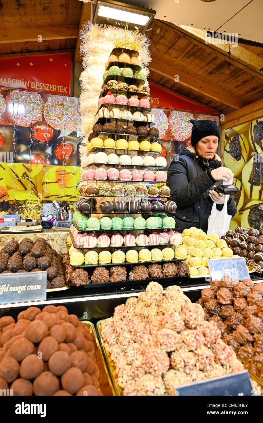 market stand with marzipan candy at Szent Istvan Ter Budapest Hungary ...