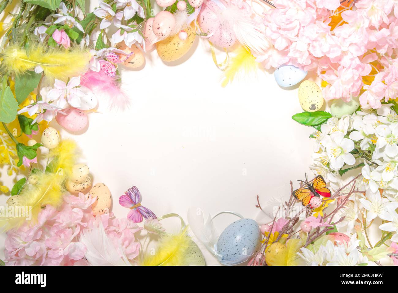 Easter holiday top view flat lay frame background with easter colorful ...