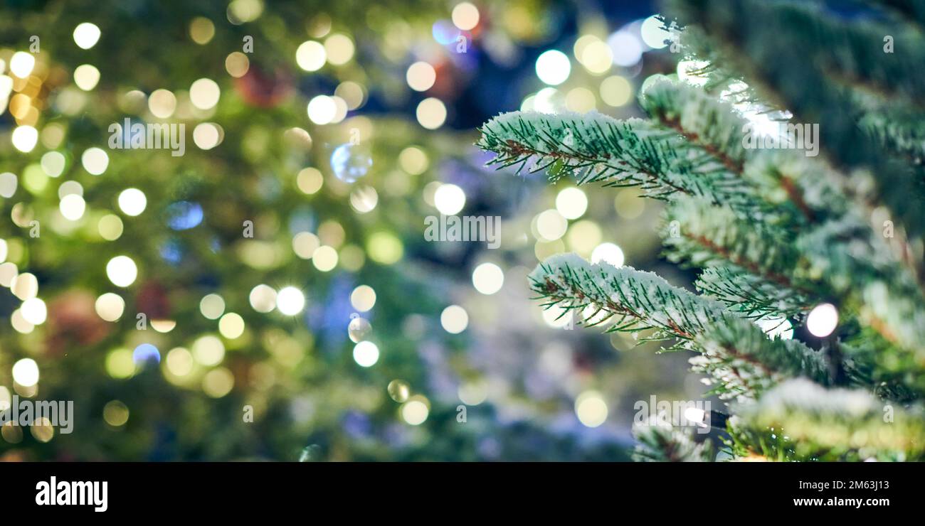 Christmas tree covered snow with yellow garlands lights and bokeh copy ...