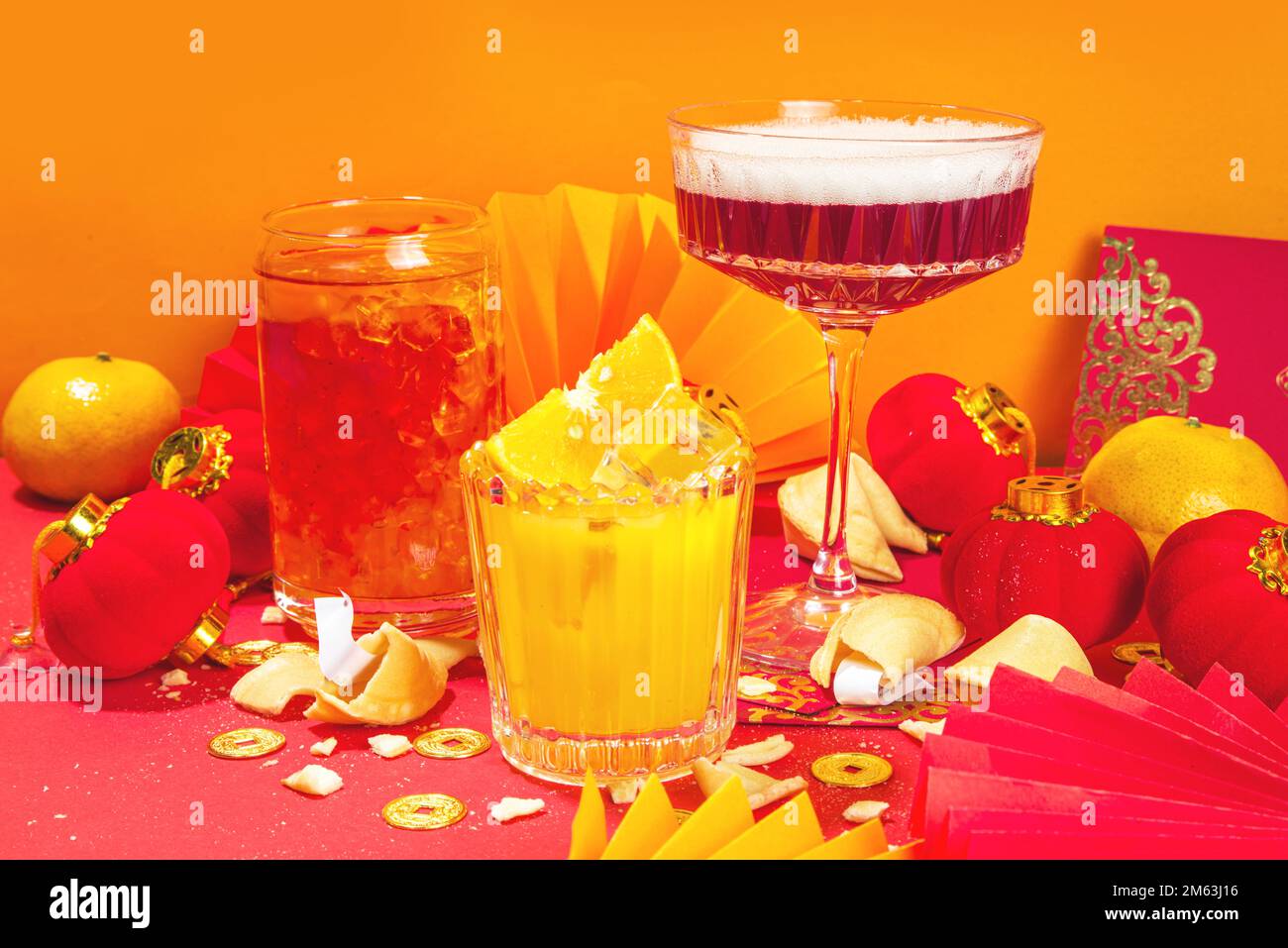 Chinese New Year Cocktail drinks, set of three different glass with ...