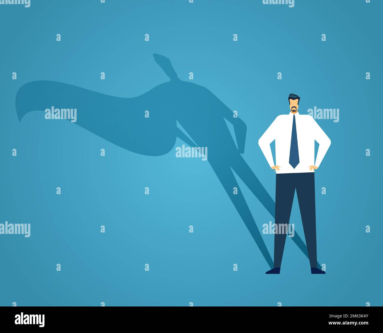 Businessman standing with superhero shadow, confident man. Illustration ...