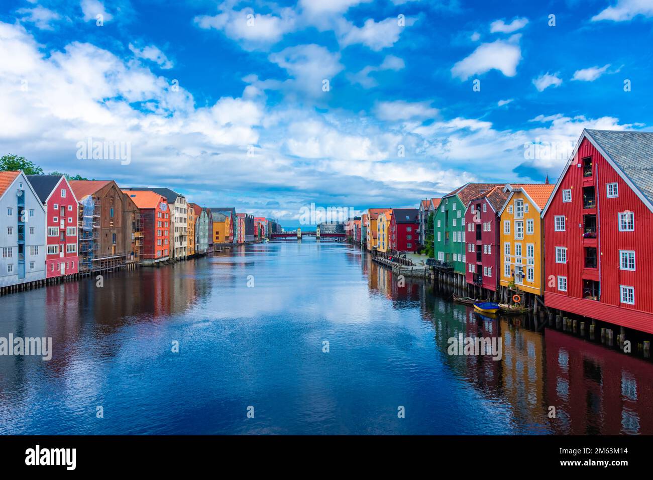 Beautiful view of the colorful wooden buildings of Trondheim Canal ...