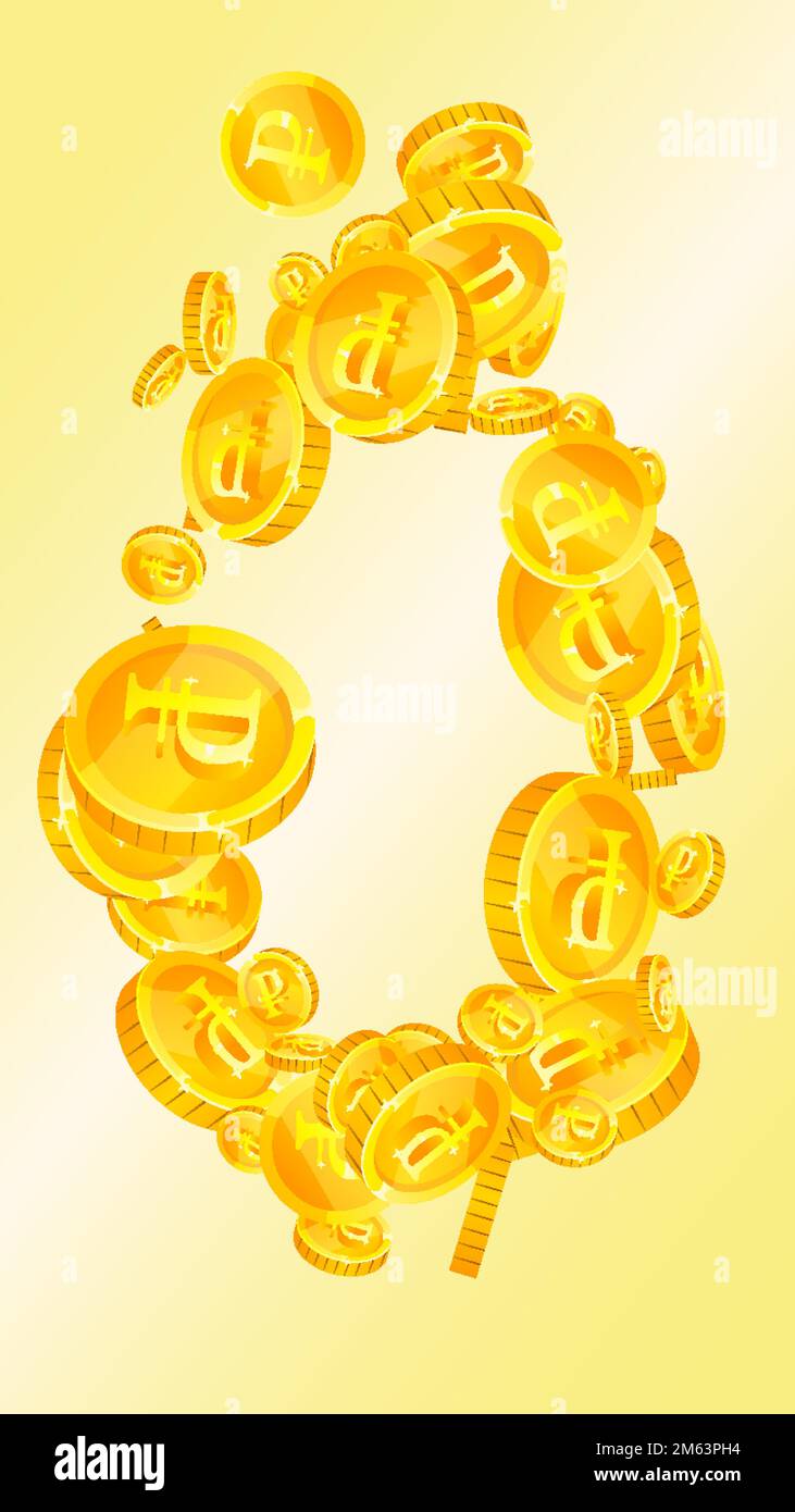 Russian ruble coins falling. Scattered gold RUB coins. Russia money ...