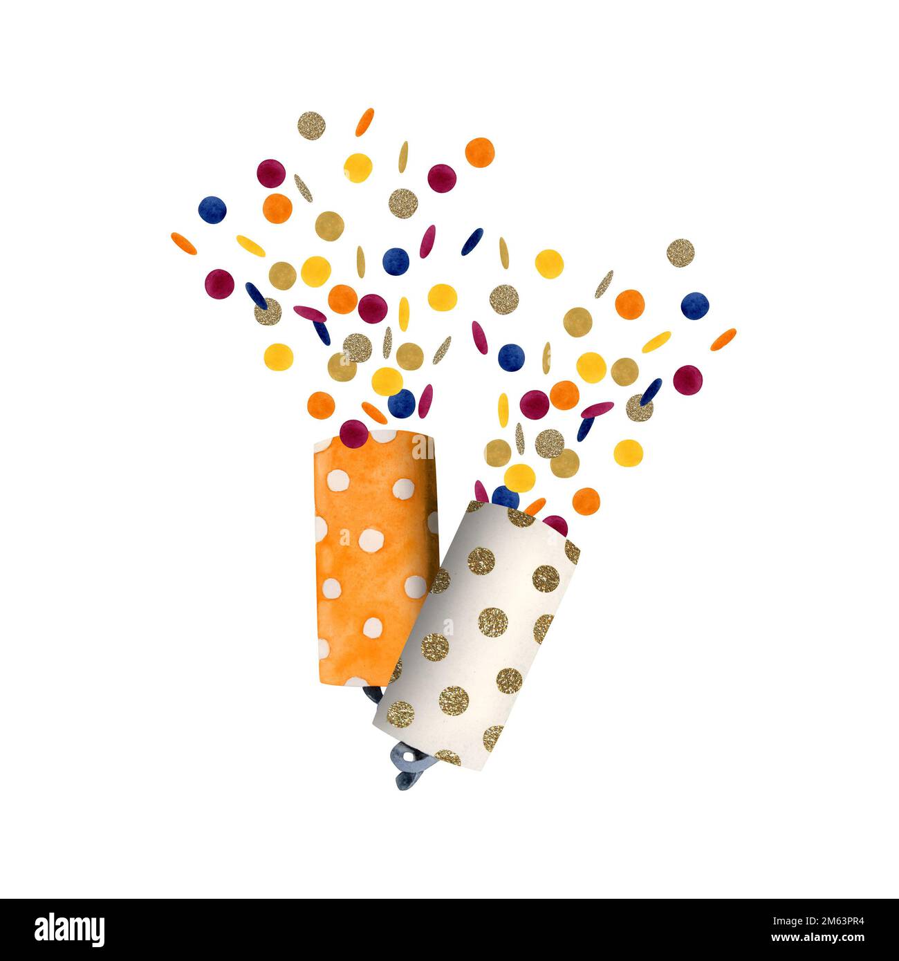 Colorful party poppers with confetti watercolor illustration, hand ...