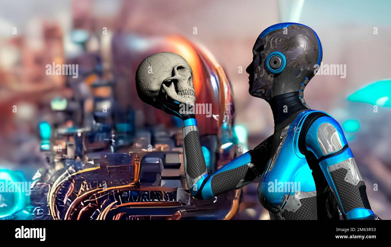 Futuristic Female Android holding a human skull with surreal ...