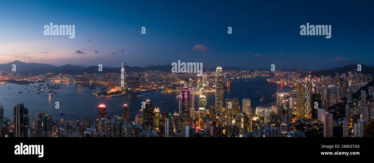 Panorama of Hong Kong Island, Victoria Harbour and Kowloon at night ...