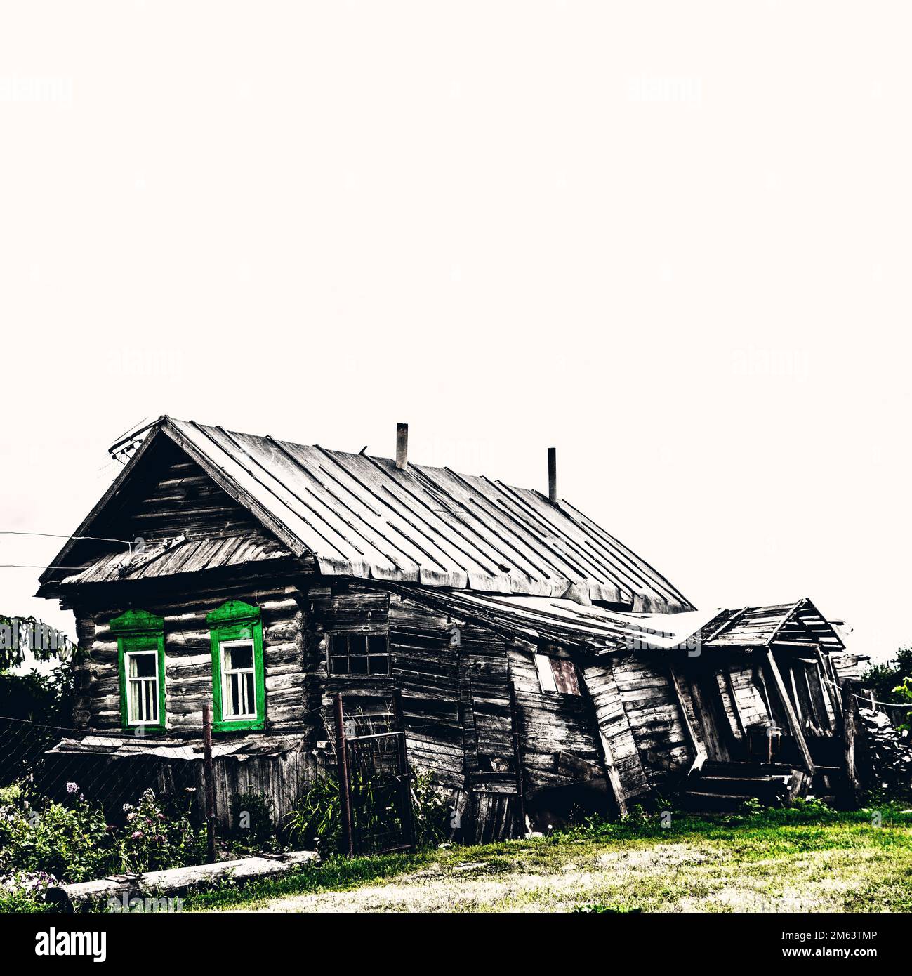 An old rickety dilapidated residential log wooden house Stock Photo - Alamy