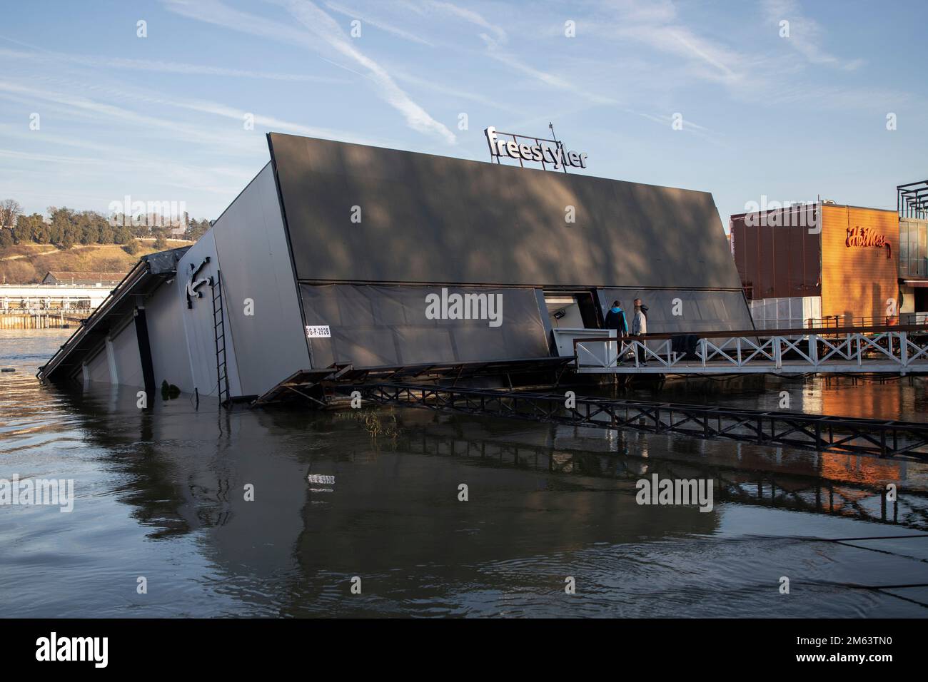 Belgrade, Serbia, Jan 01, 2023: Freestyler, a floating club on the Sava ...
