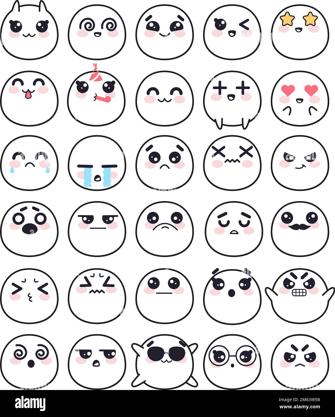 Kawaii cute faces emotion collection line art. Vector of emoticon ...