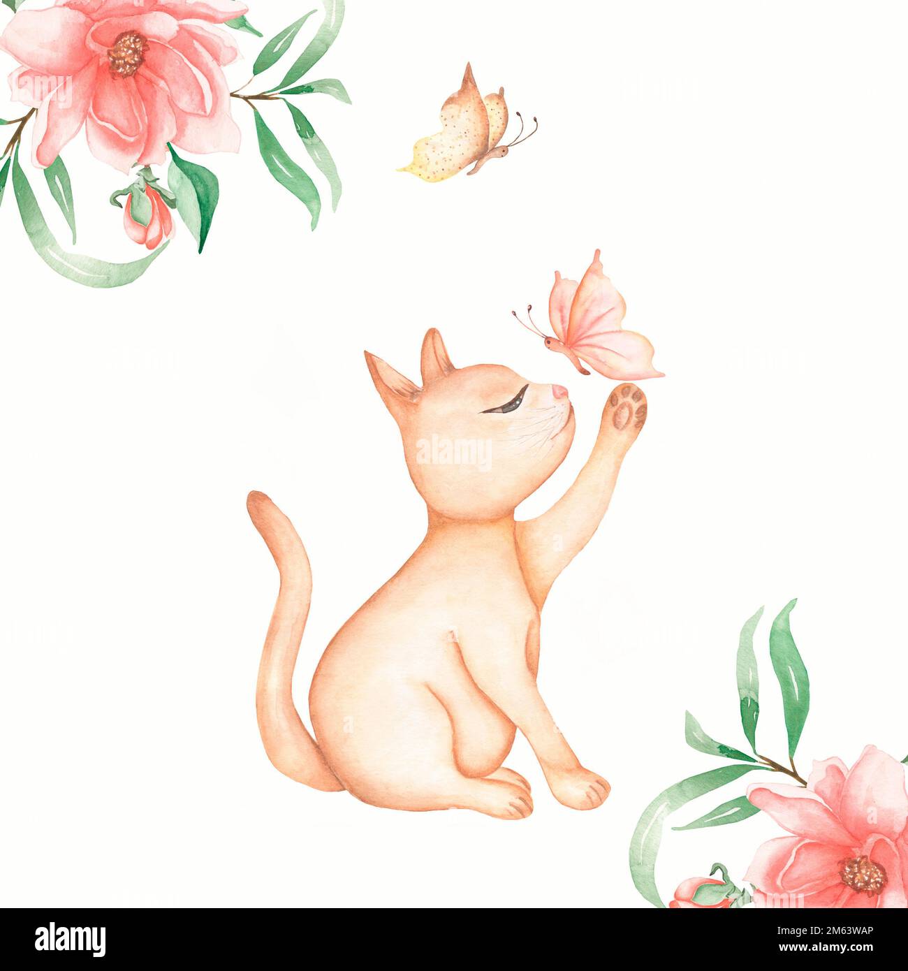 Red domestic Sitting cat with butterly and flowers card. Cute Cats ...