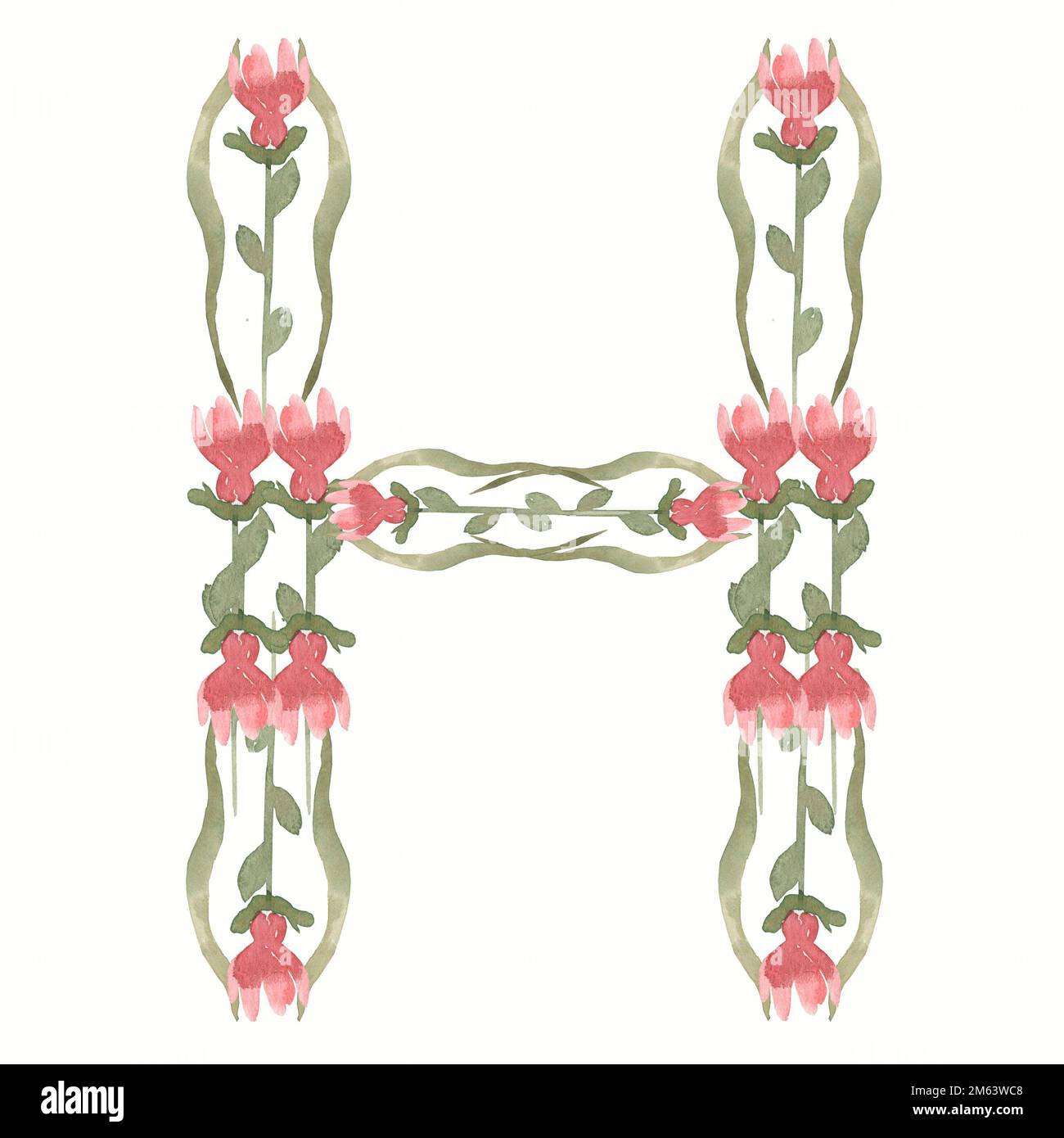 Watercolor Floral Monogram Letter H. hand drawn ABC alphabet ...