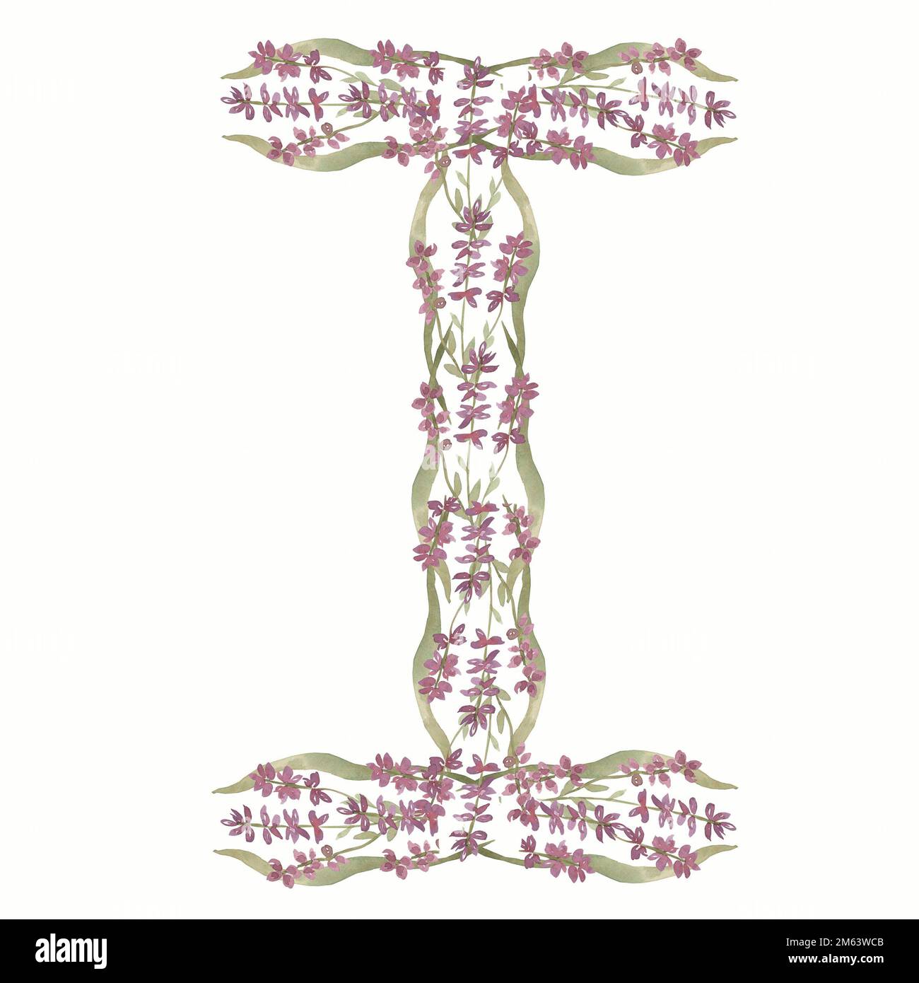 Watercolor Floral Monogram Letter I. hand drawn ABC alphabet ...